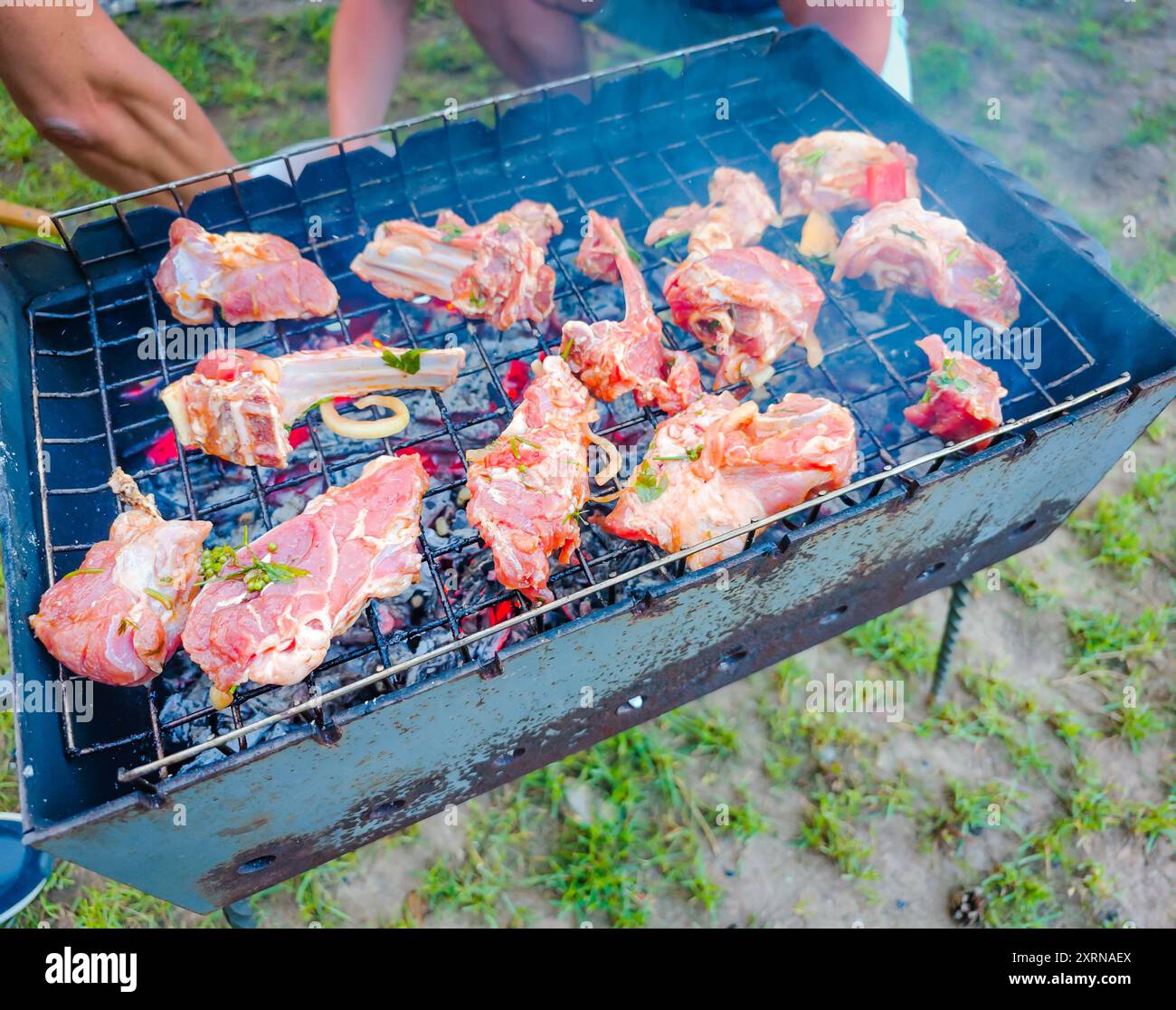 Young lamb mutton meat chops being grilled on a grill with charcoal ...