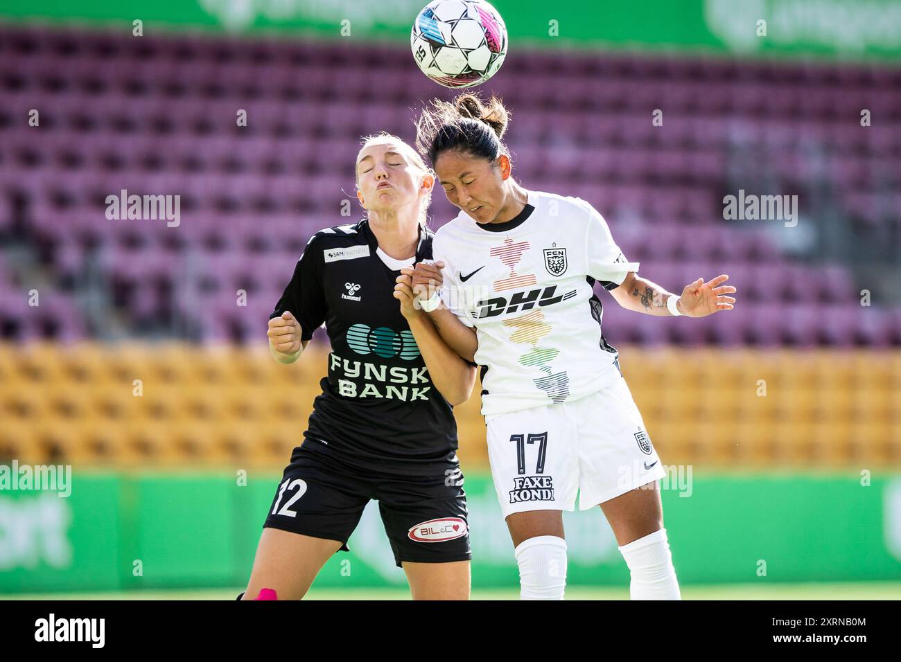 Farum, Denmark. 10th, August 2024. Simone Andersen (17) of FC Nordsjaelland and Ester Steinecke ...