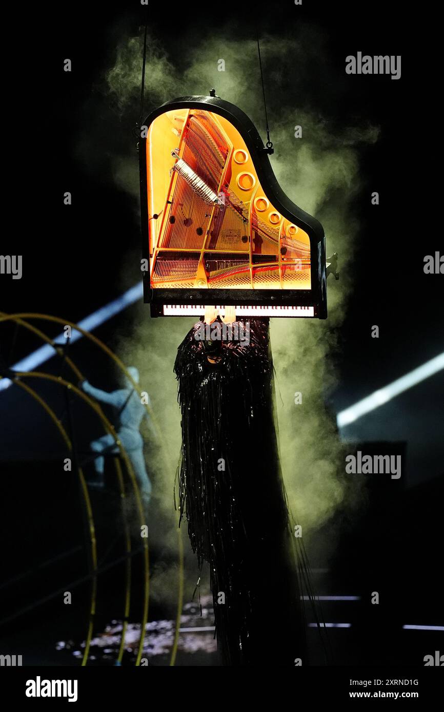 Pianist Alain Roche performs during the closing ceremony of the 2024 ...