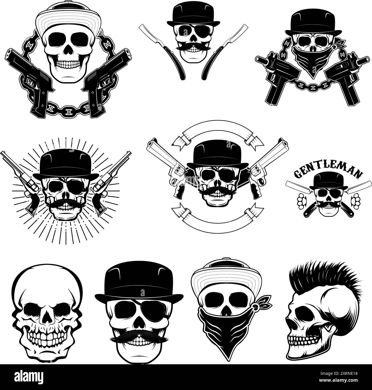 Set of gangsta skulls isolated on white background. Design element for ...