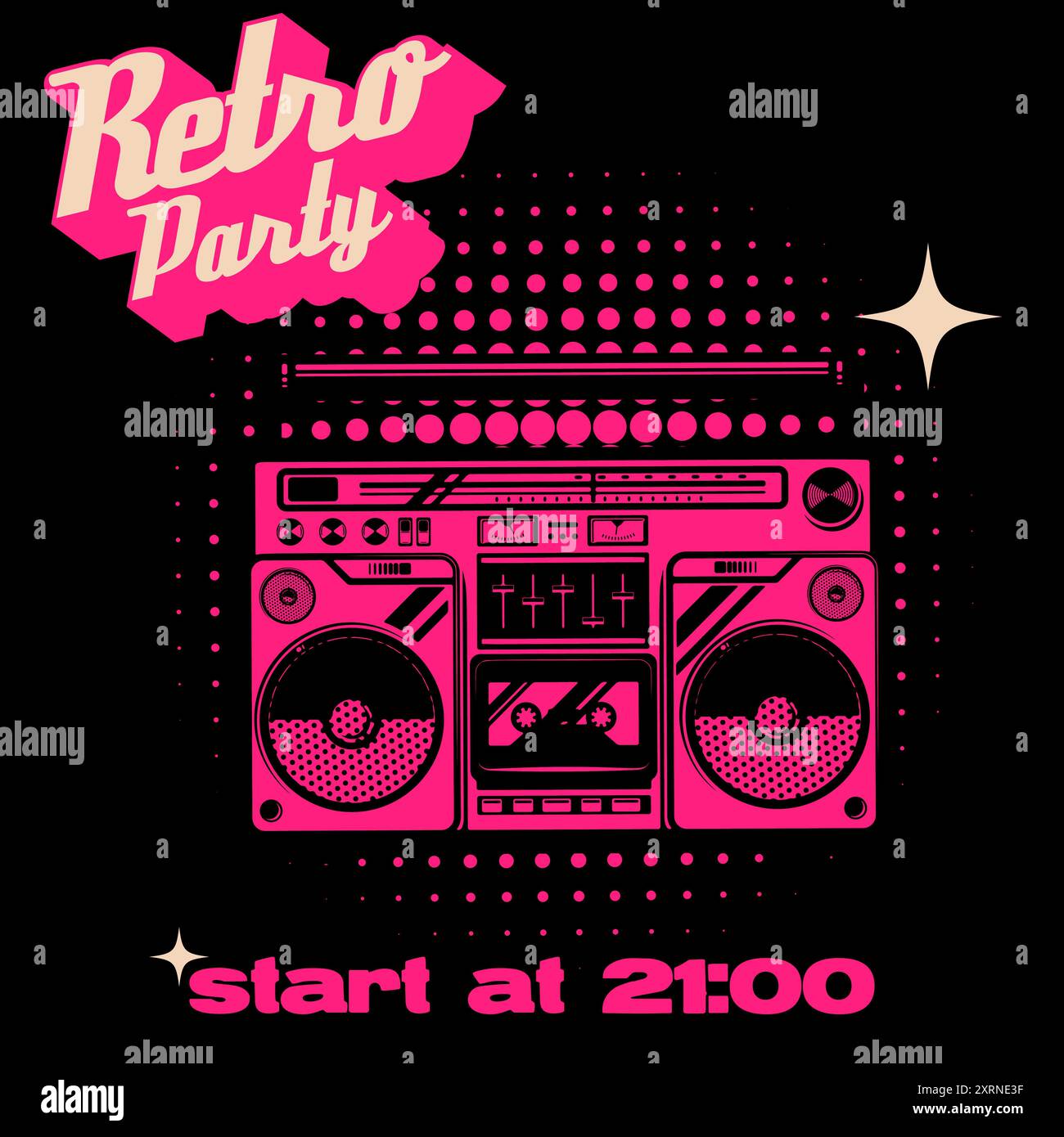 Retro party poster template with boombox on grunge background. Design ...