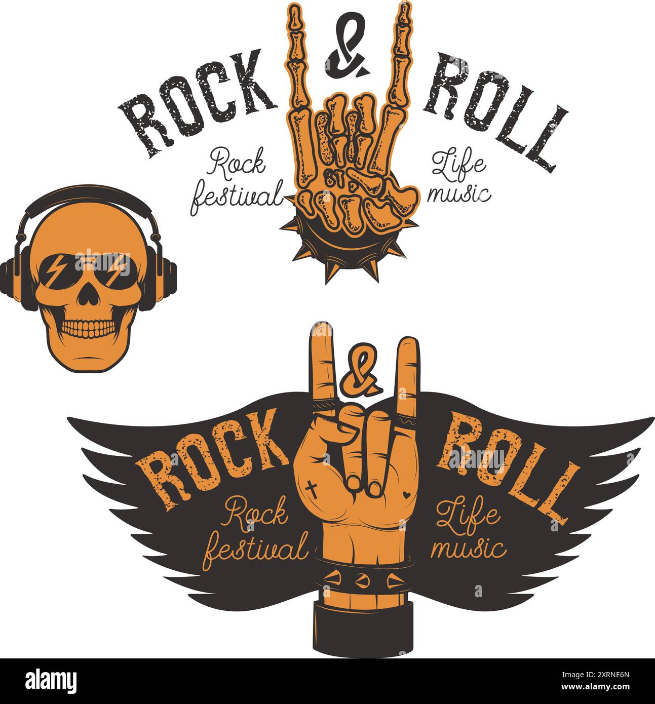 Set of the human hands with Rock and roll sign and wings. Rock and roll ...