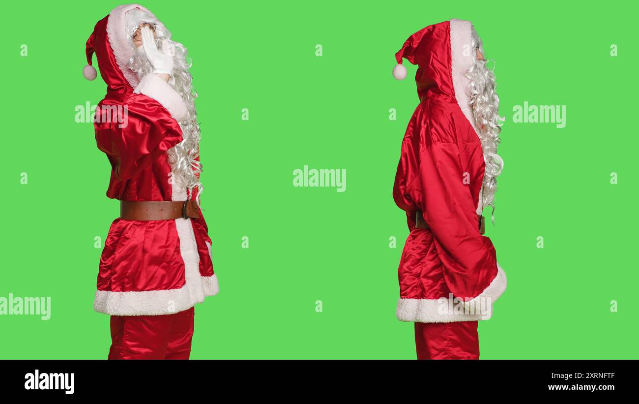 Santa claus man wave hello or goodbye, greeting children and spreading ...