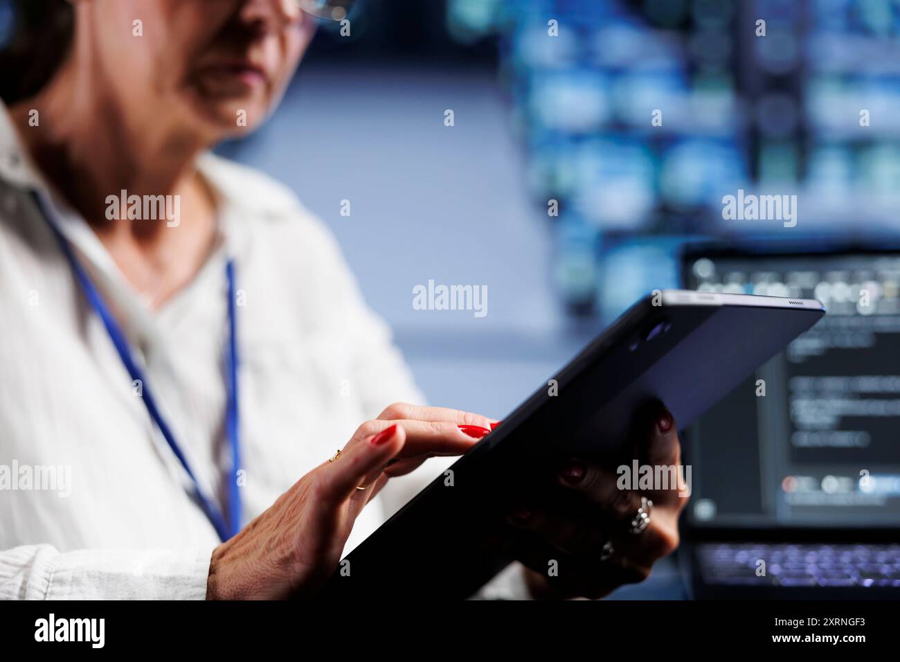 Close Up Shot Of Senescent Admin Writing Script Code In Data Center On