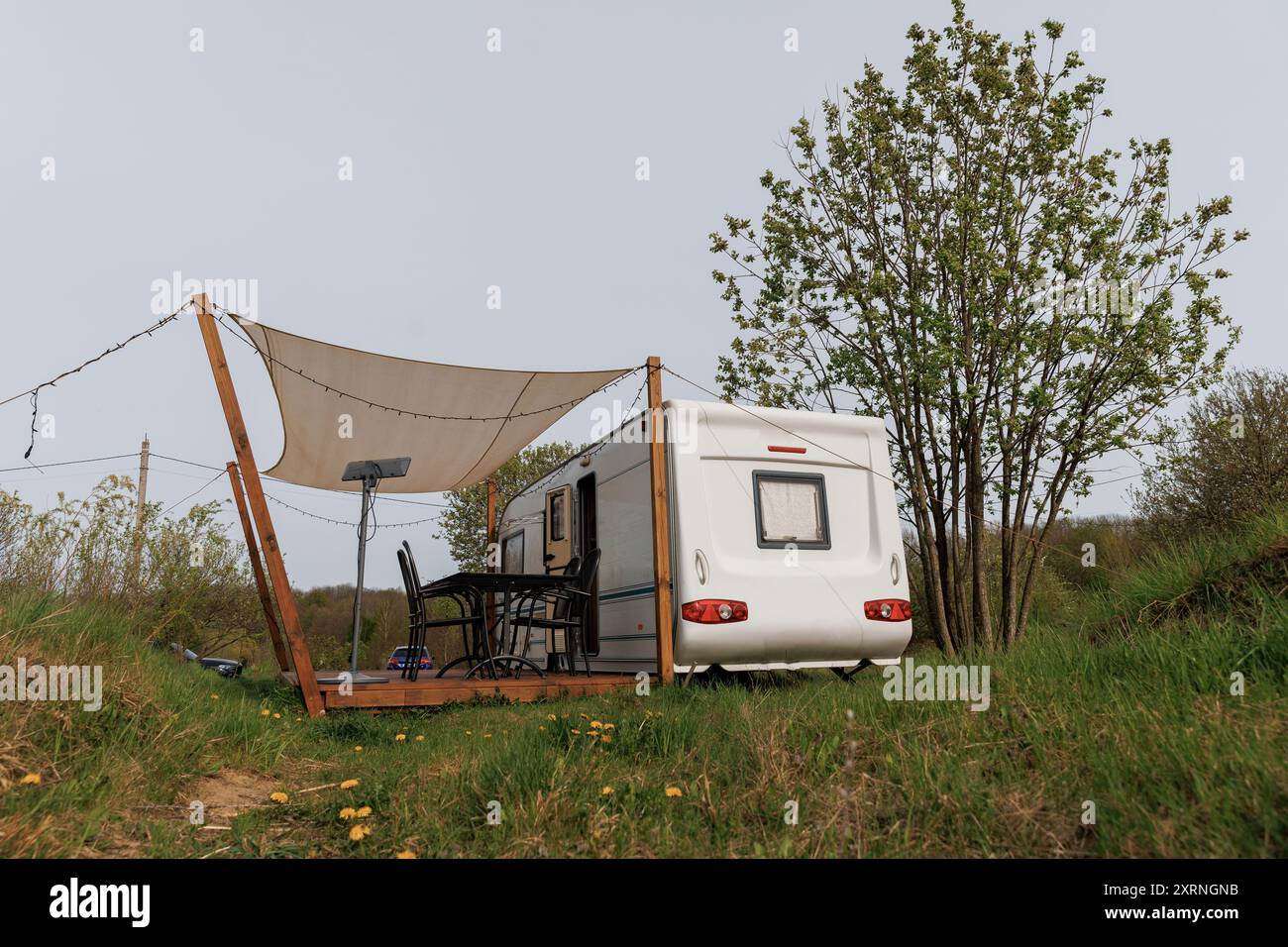 Caravan or camper trailer with Wooden Deck at Countryside Glamping Site ...