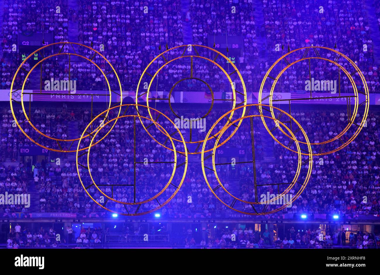 Paris, France. 11th Aug, 2024. The Olympic rings are seen hanging about ...