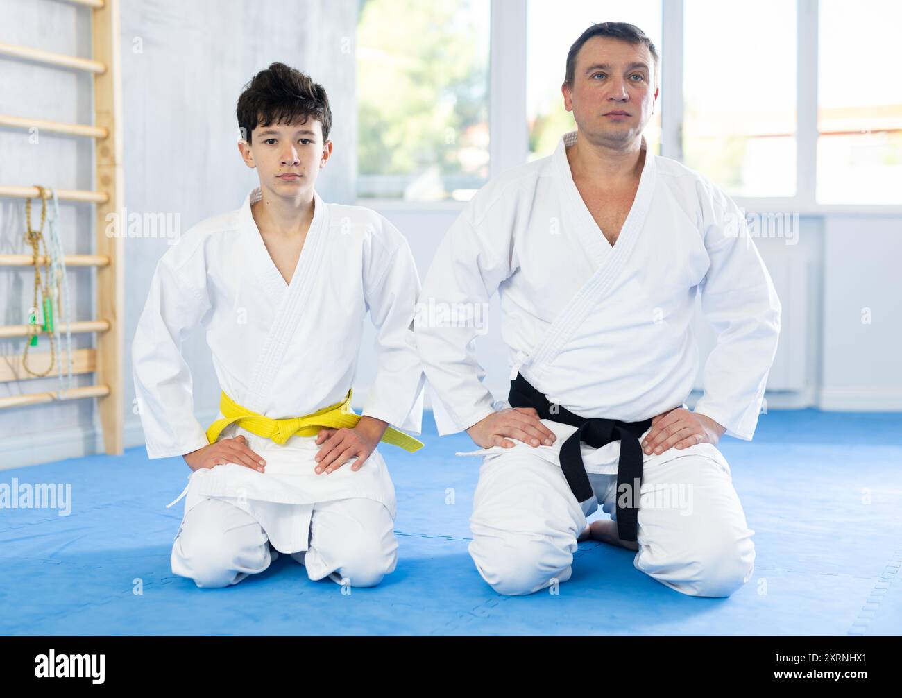 Teenage boy and middle-aged man wearing kimono sitting in seiza ...