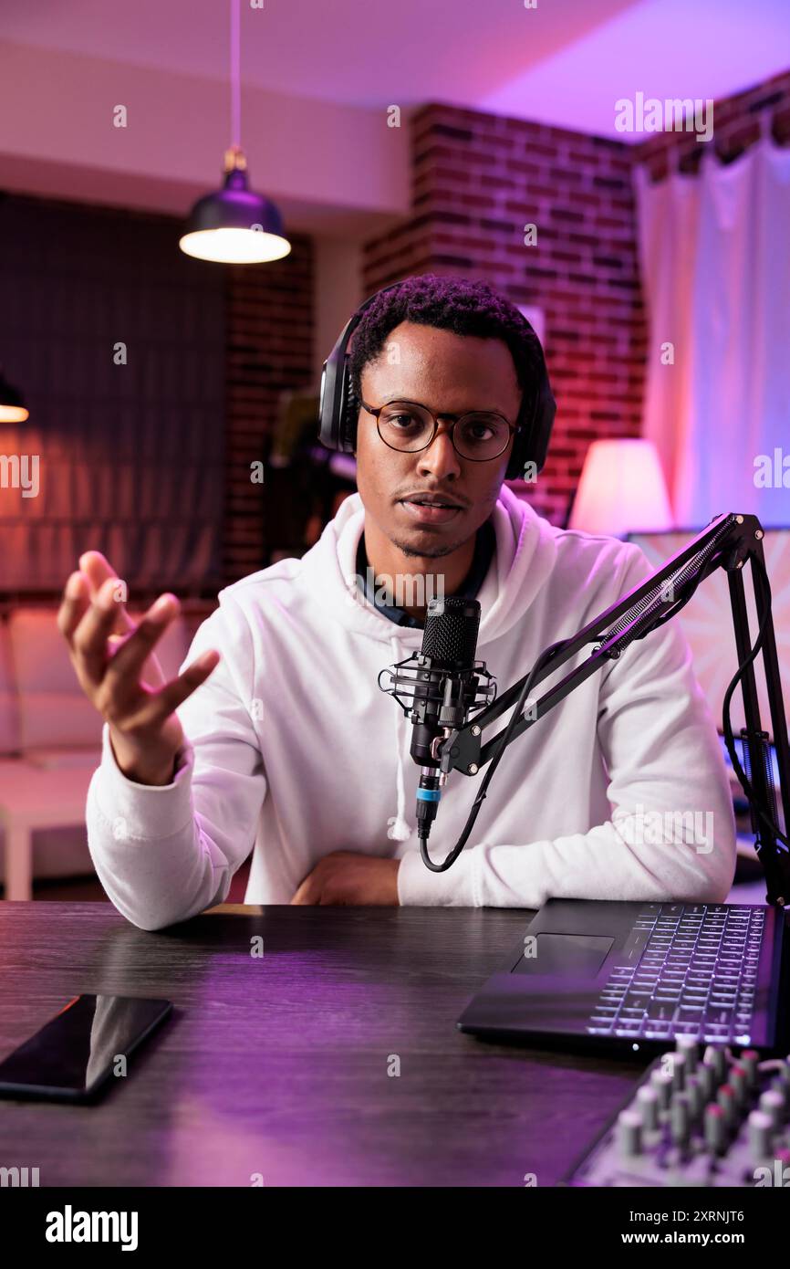 Portrait of content creator broadcasting live on streaming platform ...