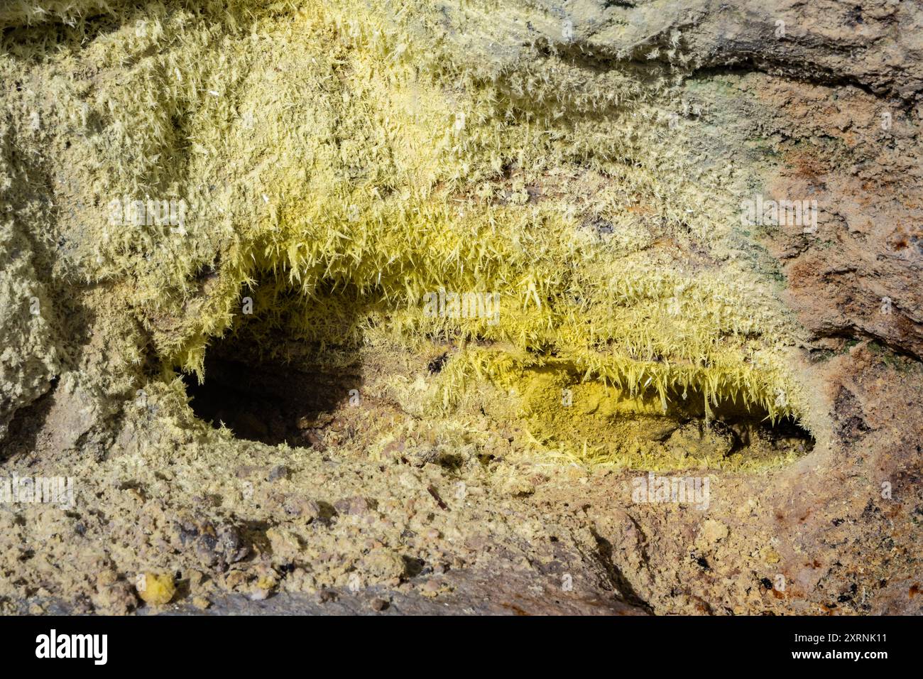 Natural needle like crystals of Sulphur (S) formed in the opening of a ...
