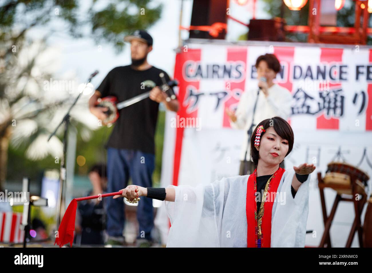 Cairns, Australia. 10th Aug, 2024. The Eisa Champ Roo Okinawan drum dance group performs to the ...