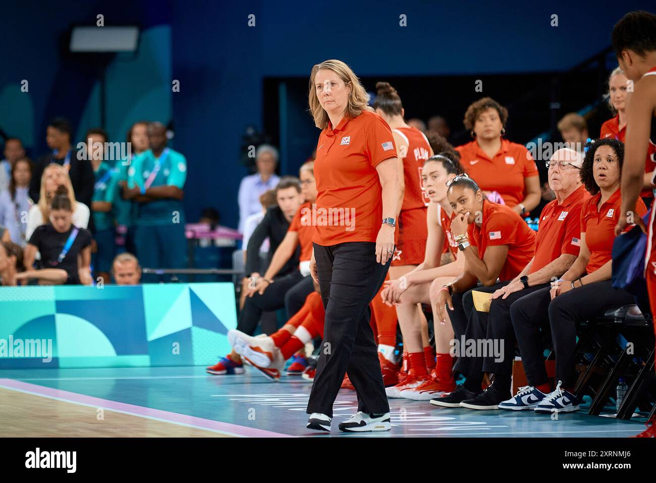 Paris, France. 11th Aug, 2024. Cheryl Reeve (C) of USA, Basketball ...