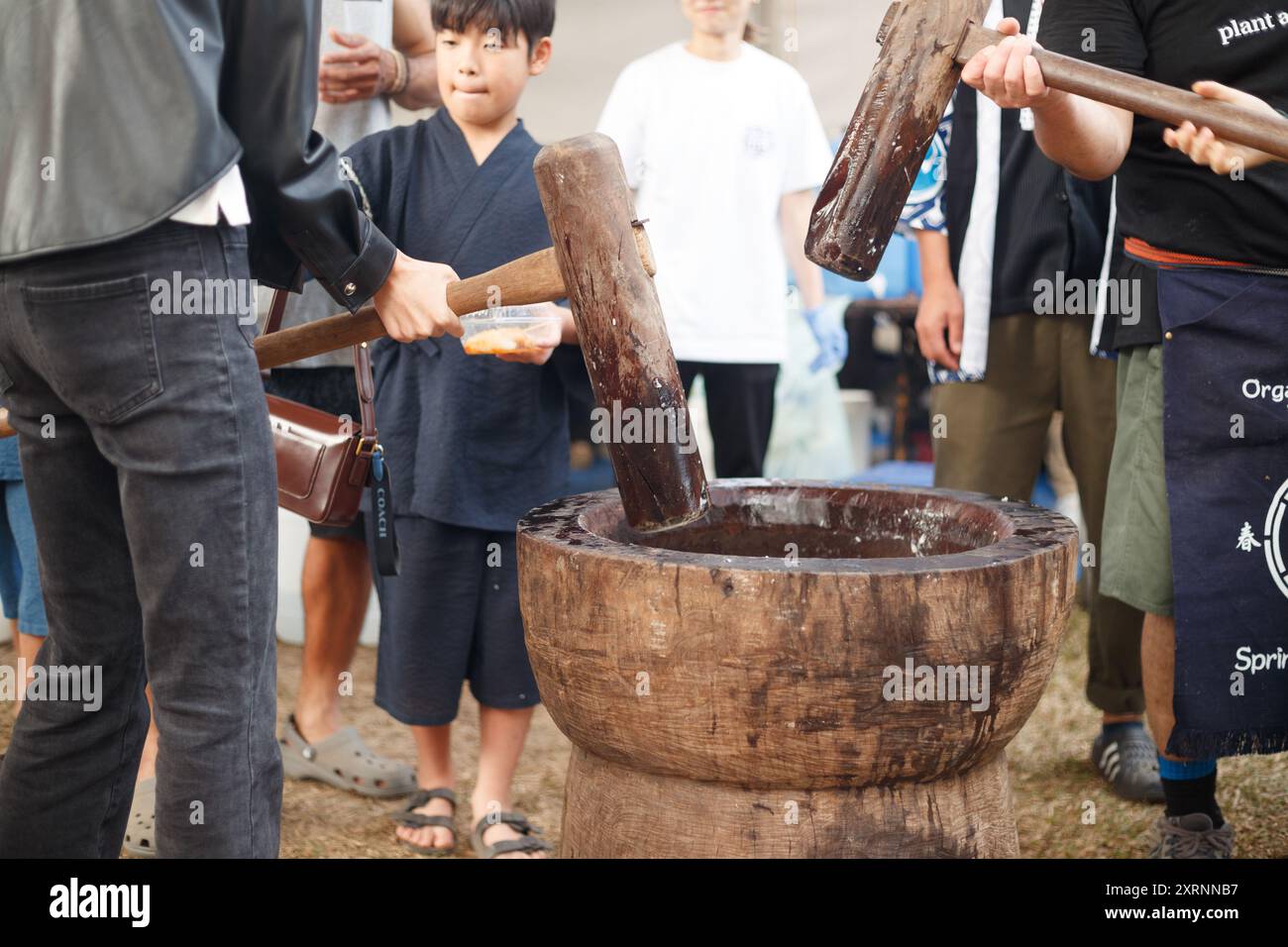 Cairns, Australia. 10th Aug, 2024. Crowd members join to mash rice in a ...