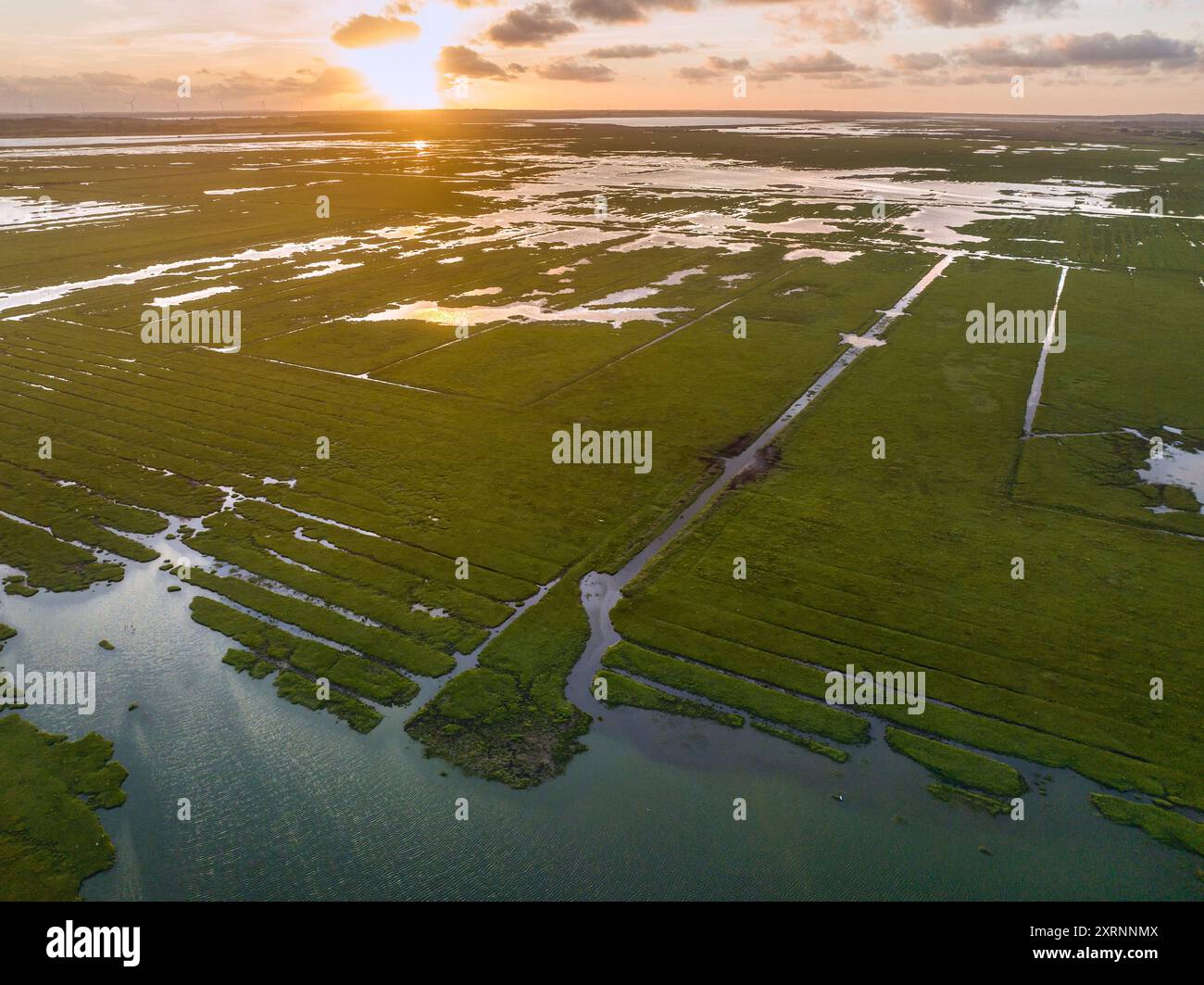 Aerial view of wetlands along Løgstør Bredning in northern Jutland ...
