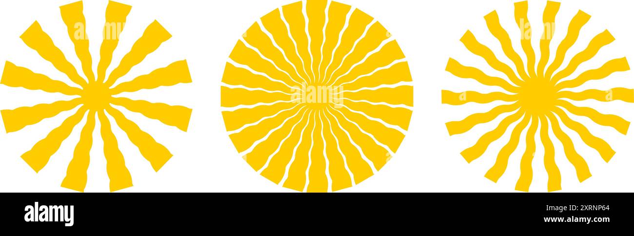 Groovy sun shapes with wavy rays. Sunburst, sunrise or sunset symbols ...