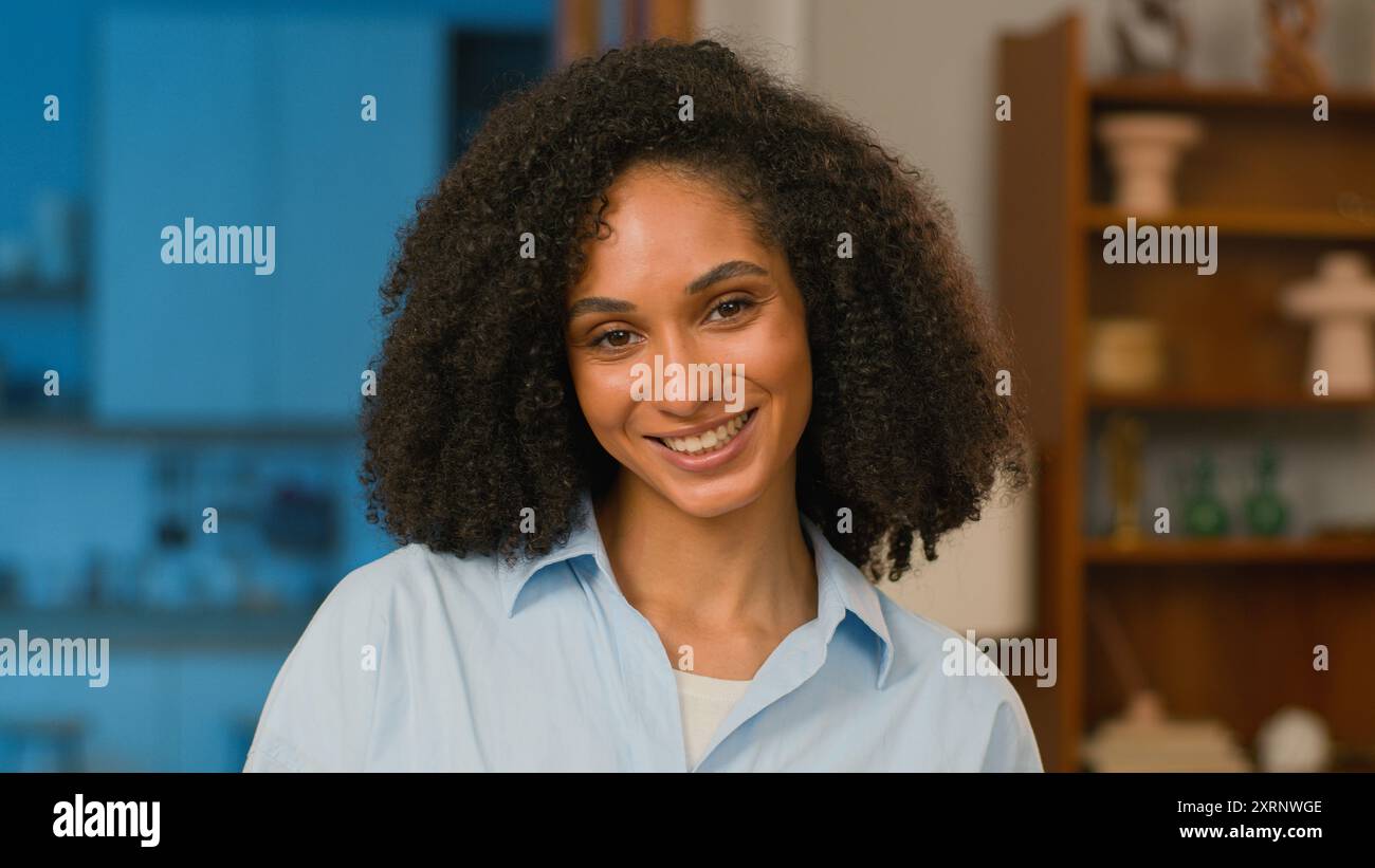 Close up happy beautiful African American woman female girl home ...
