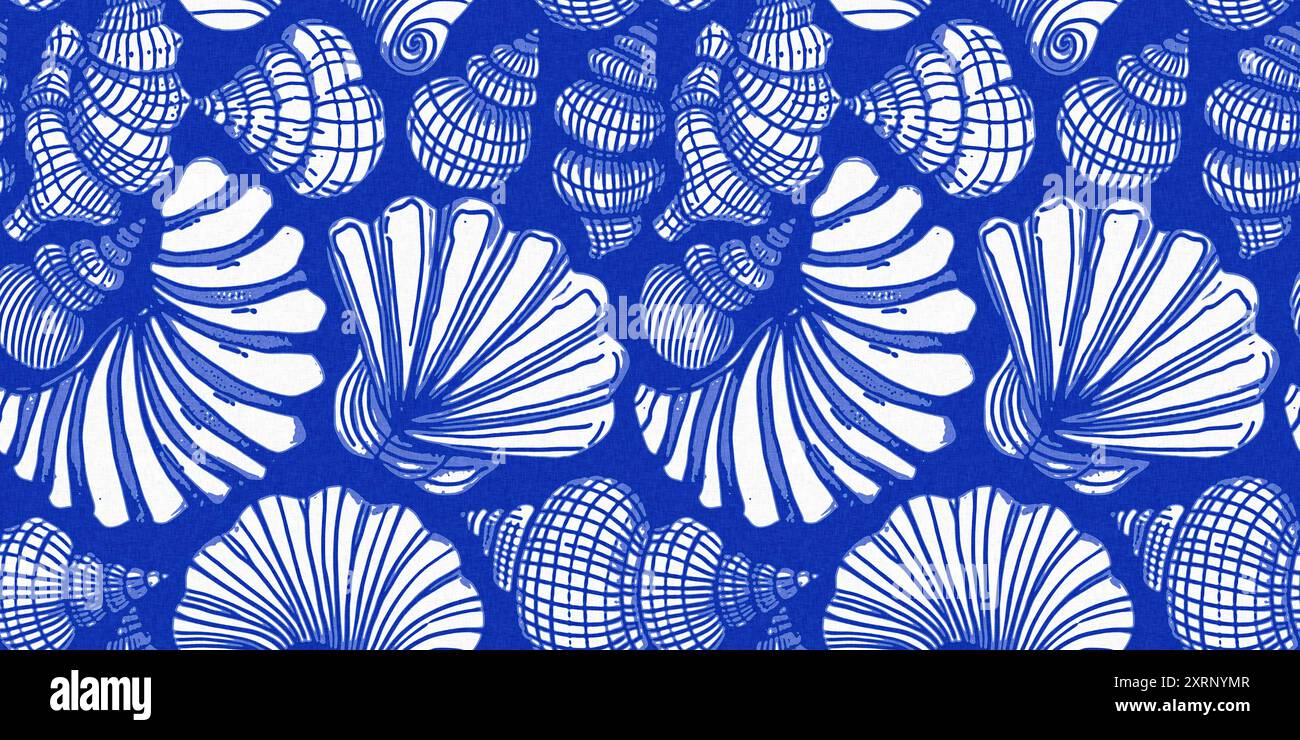 Azure blue white shell motif with linen seamless batik border ...