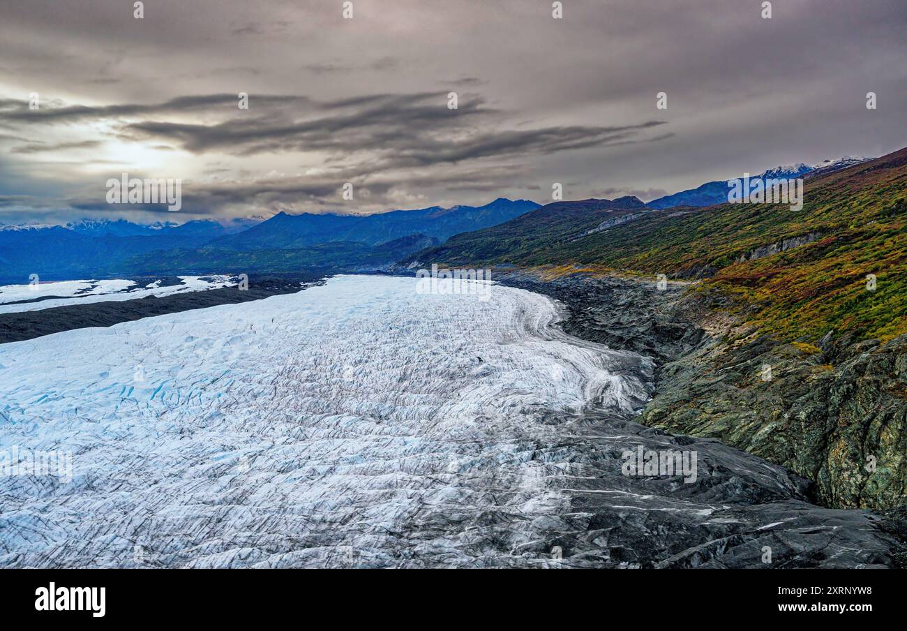 Aerial view of Matanuska Glacier and Chugach Range peaks in late fall ...