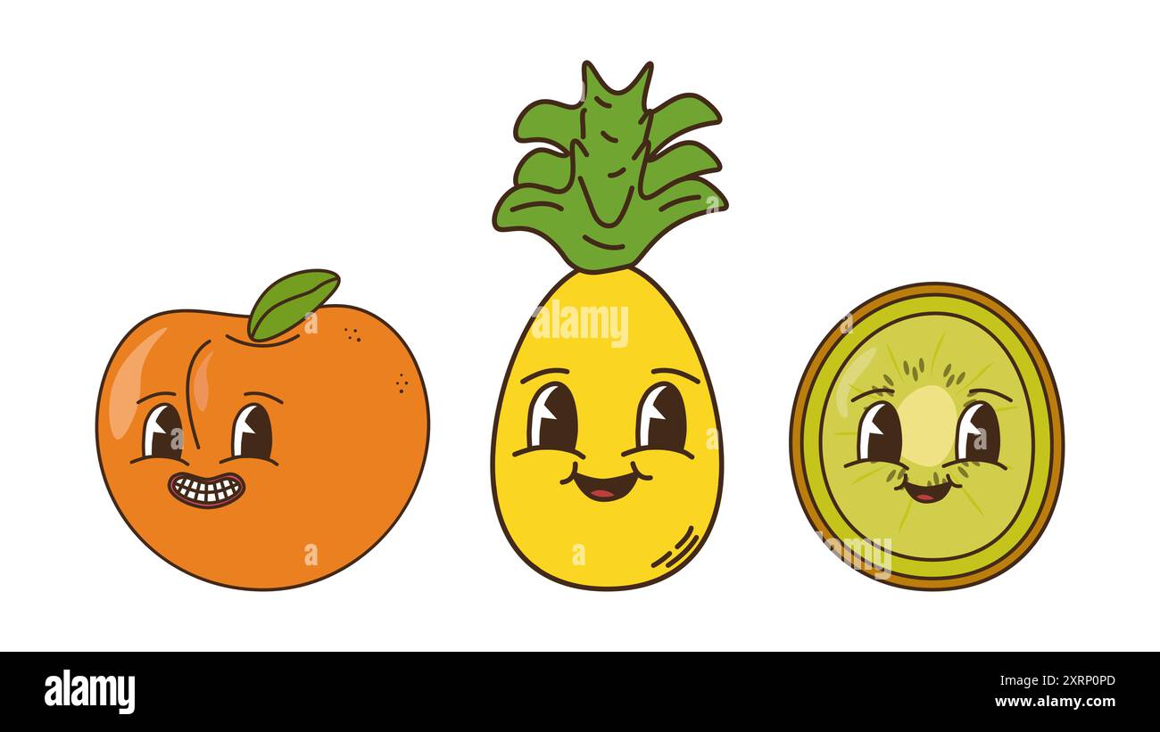 Fruits and berries in groovy style set. Characters trendy retro, comic ...