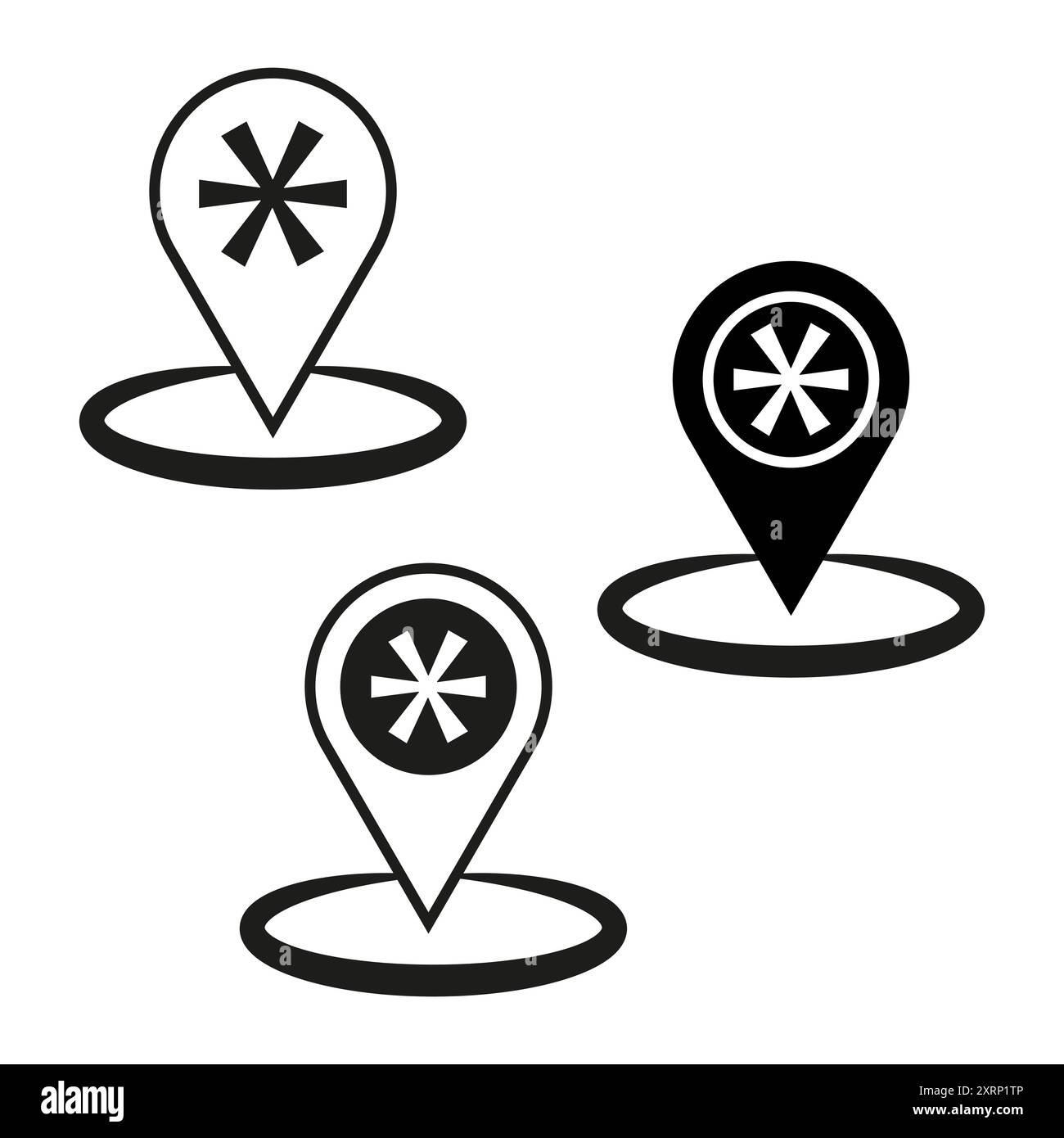 Map location icons. Three black and white designs. Asterisk symbols inside markers. Vector ...