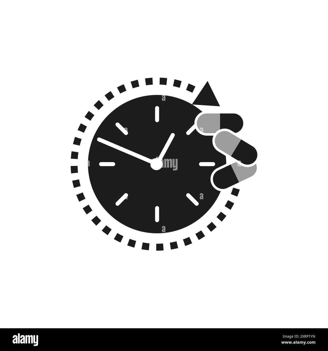 Hand holding clock. Time management icon. Black and white design ...