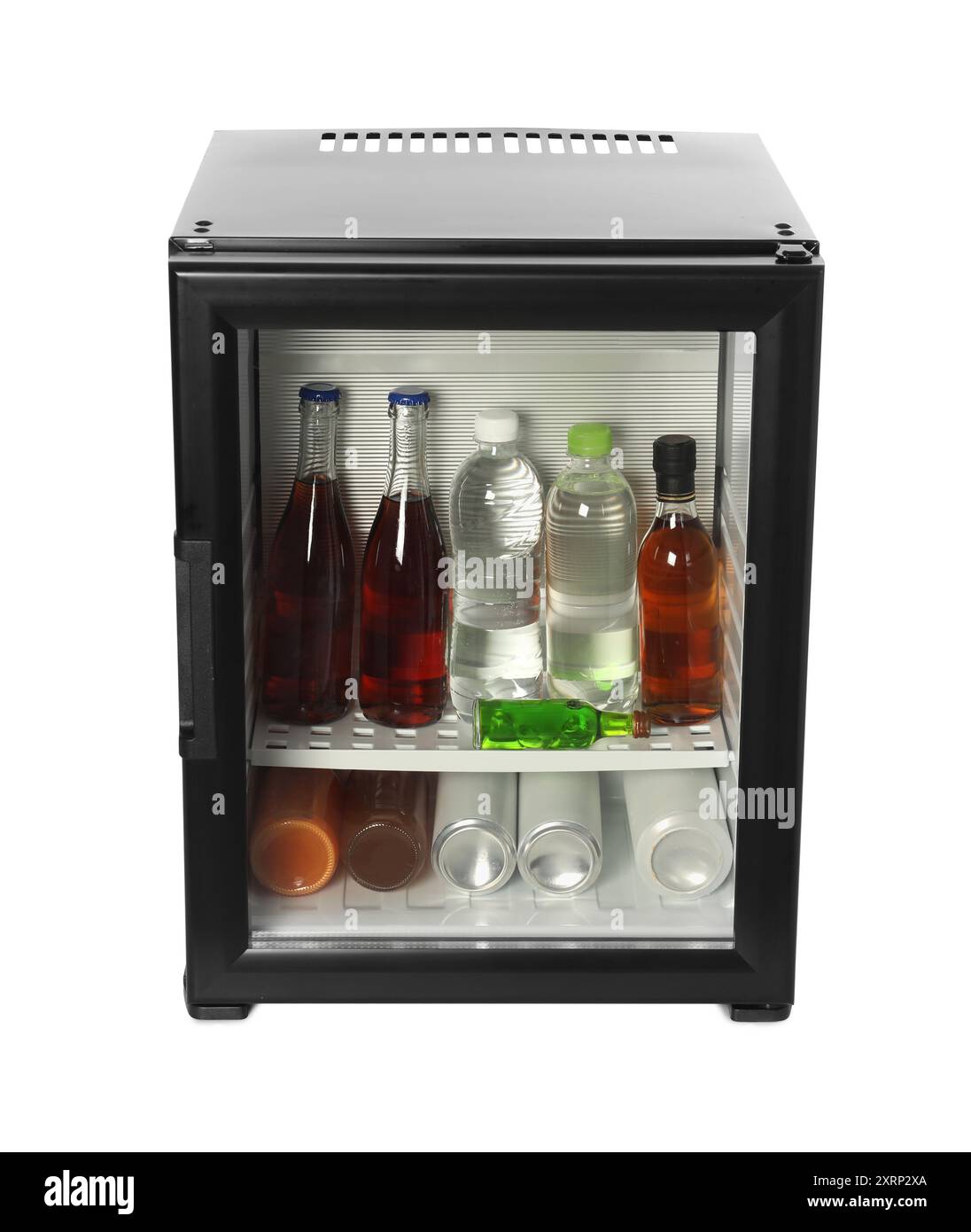 Mini refrigerator with drinks isolated on white Stock Photo - Alamy