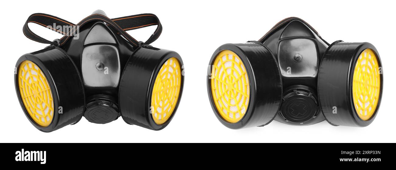 Respirator with replaceable filters isolated on white, collage Stock ...