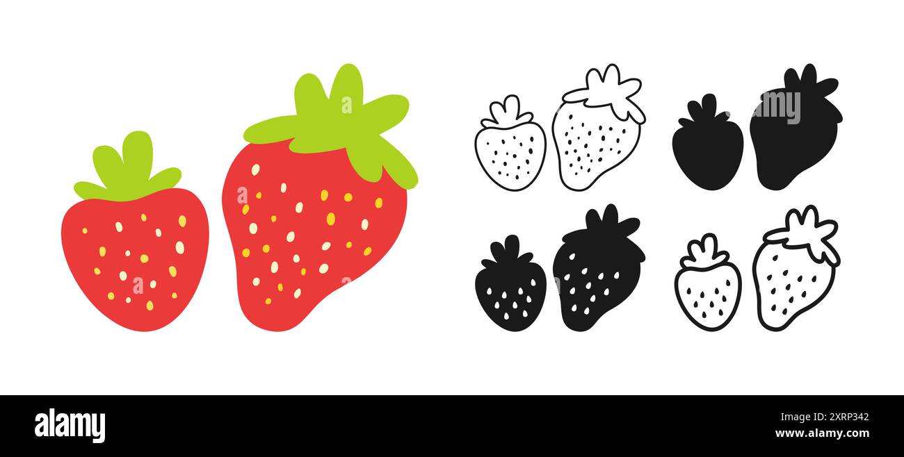 Strawberry symbol cartoon set. Whole ripe strawberry linear doodle icon ...