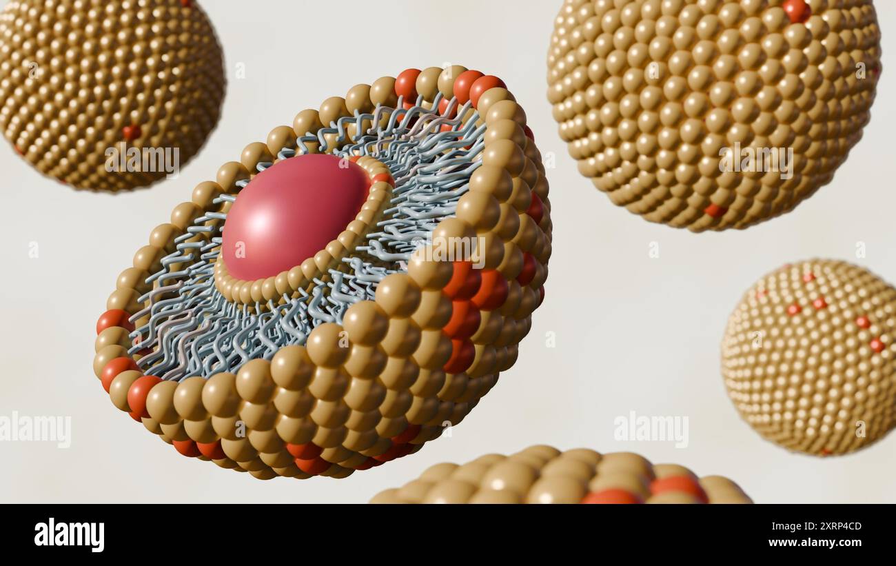 A 3D rendering featuring a half-cut liposome and other liposomes ...