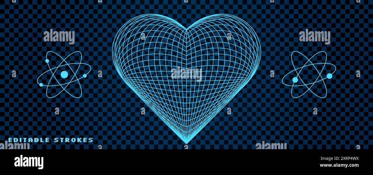 3D Wireframe Heart with Atomic Symbols, Futuristic Y2K Design Stock ...
