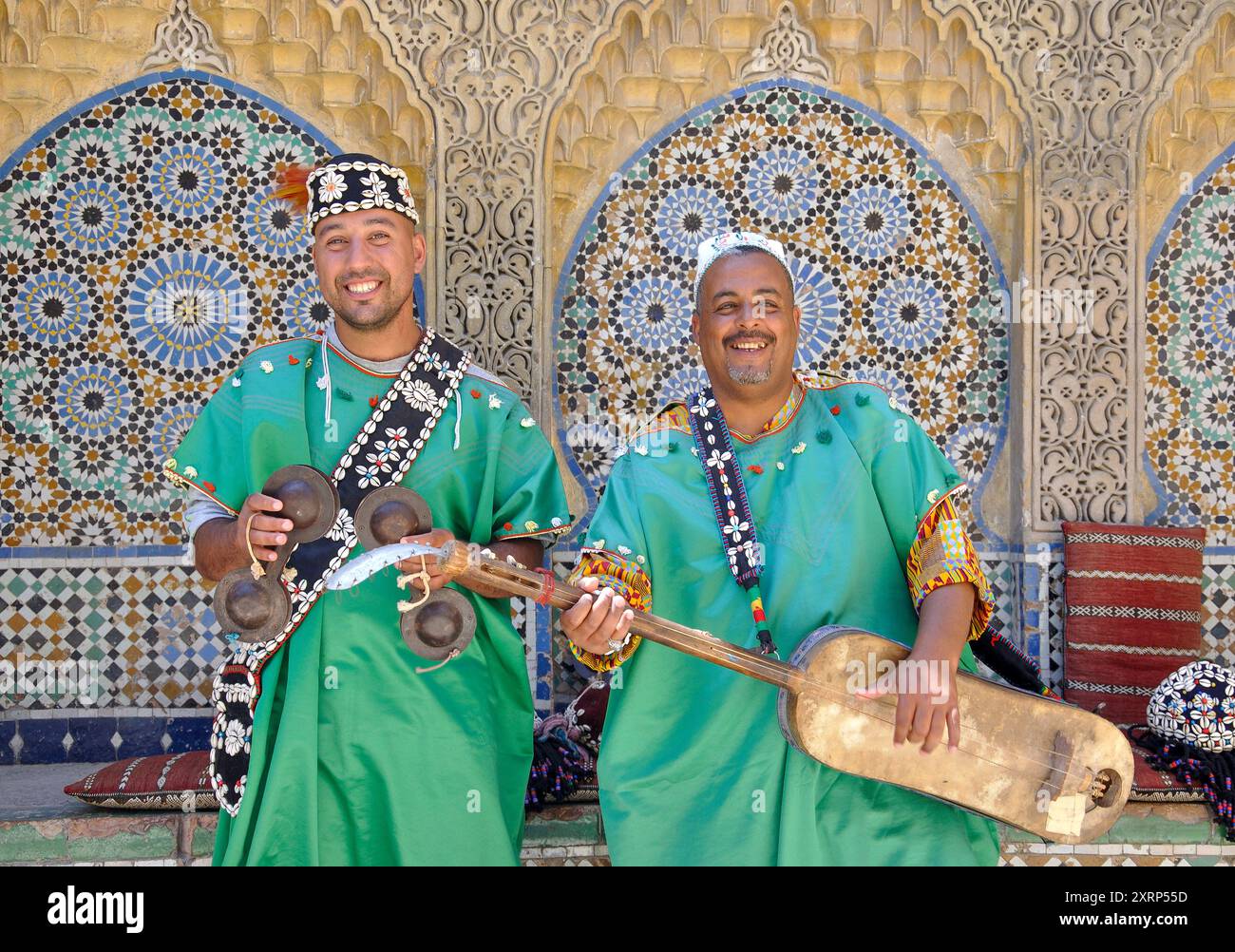 Moroccan Gnawa musicians with guembri, Medina, Tangier, Tangier-Tétouan ...