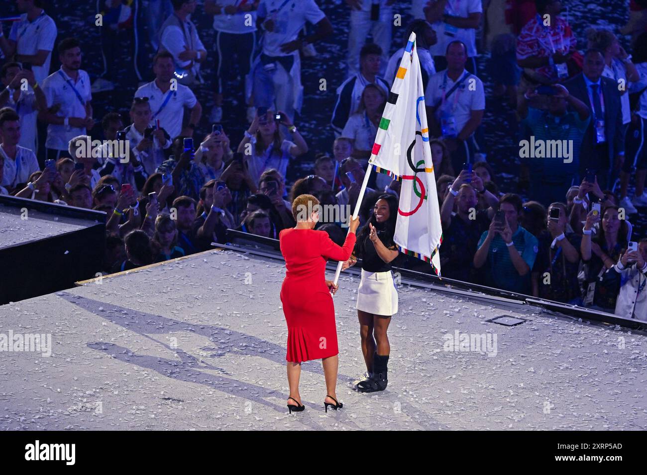Los Angeles' Mayor Karen Bass gives the Olympic flag to US' gymnasts ...