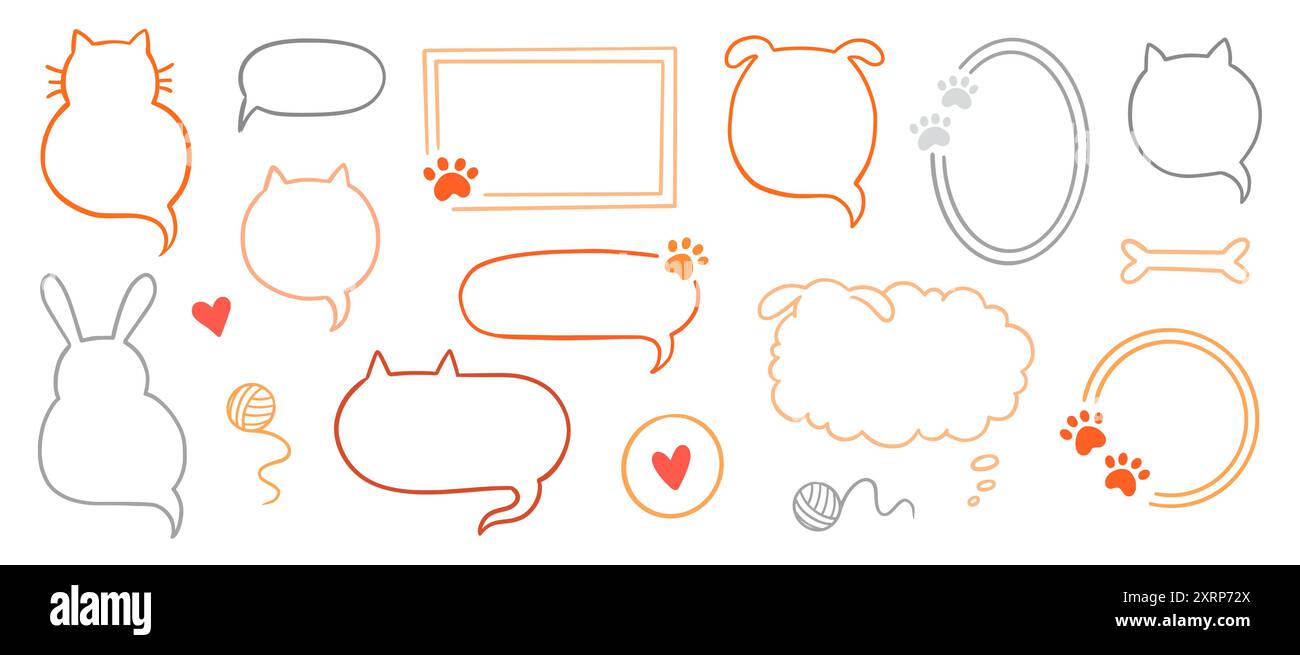 Cat dog pet frame, speech bubble cute set. Hand drawn sketch doodle ...