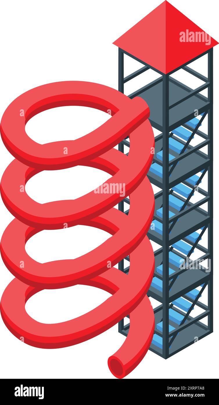 Red spiral water slide leading down from a tall tower with stairs Stock ...