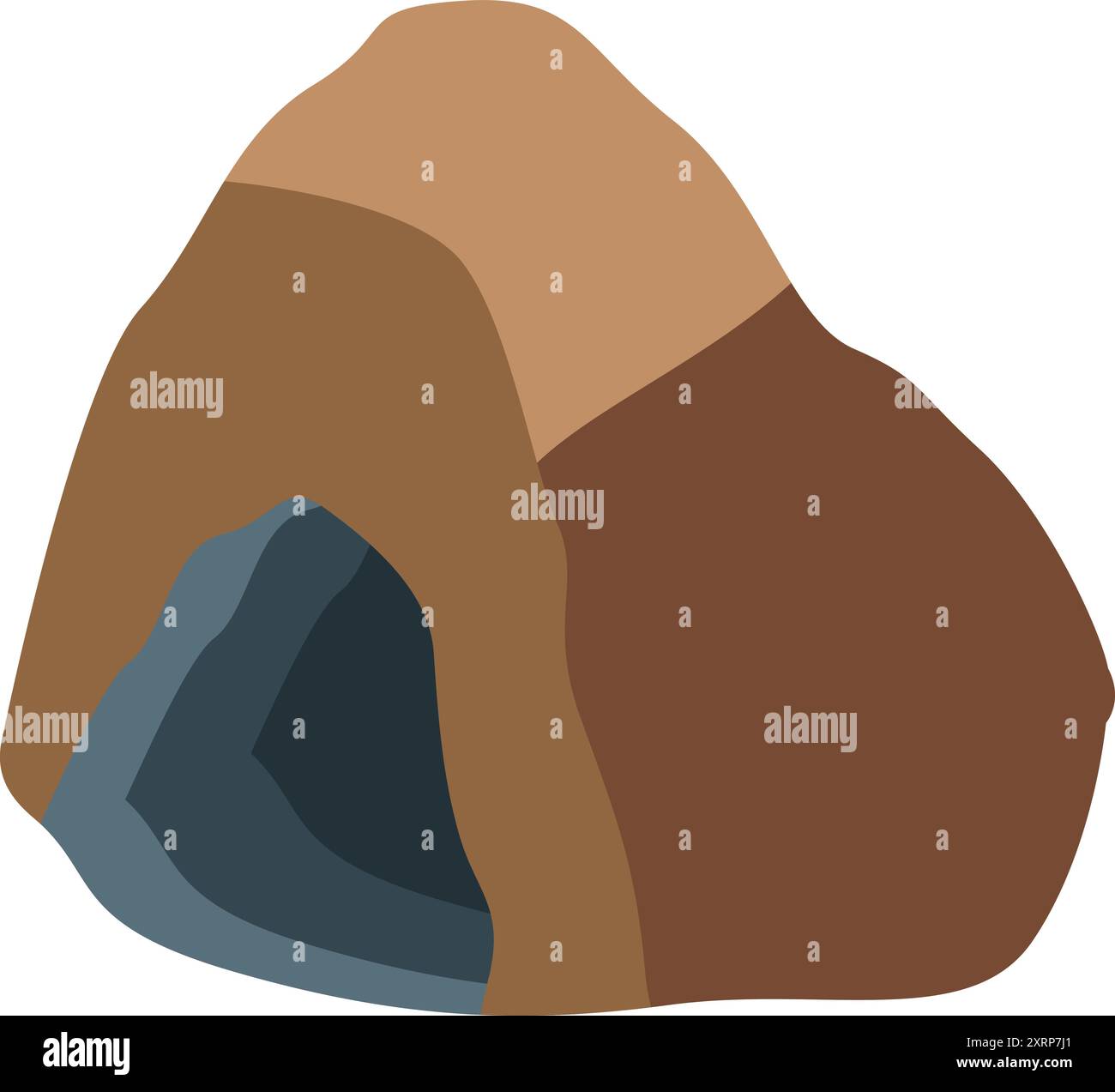 Big brown rock formation with a dark cave entrance is isolated on white ...