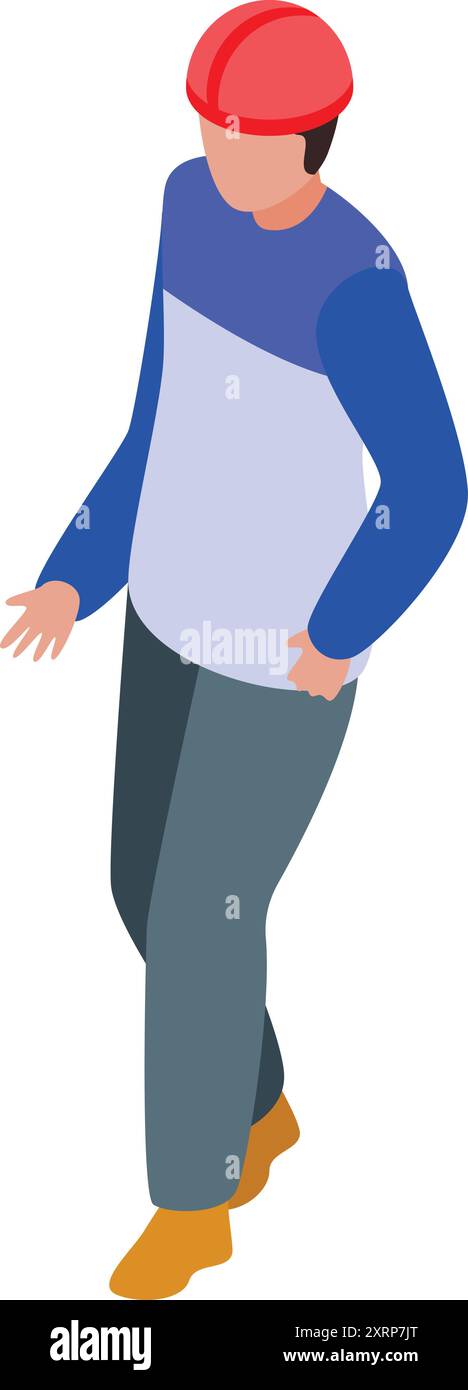 Construction worker walking on site wearing a red hard hat, isometric ...