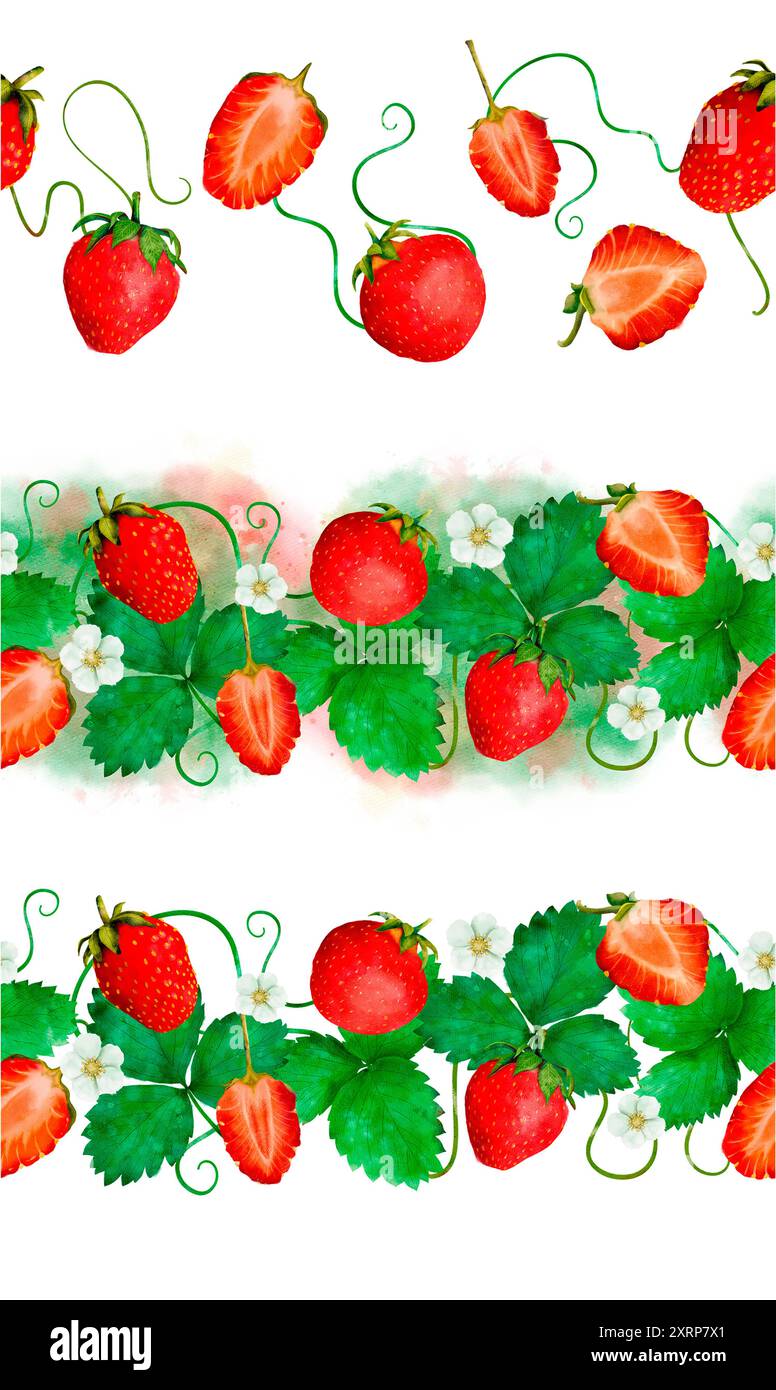 Watercolor seamless border with vibrant strawberries, leaves, white ...