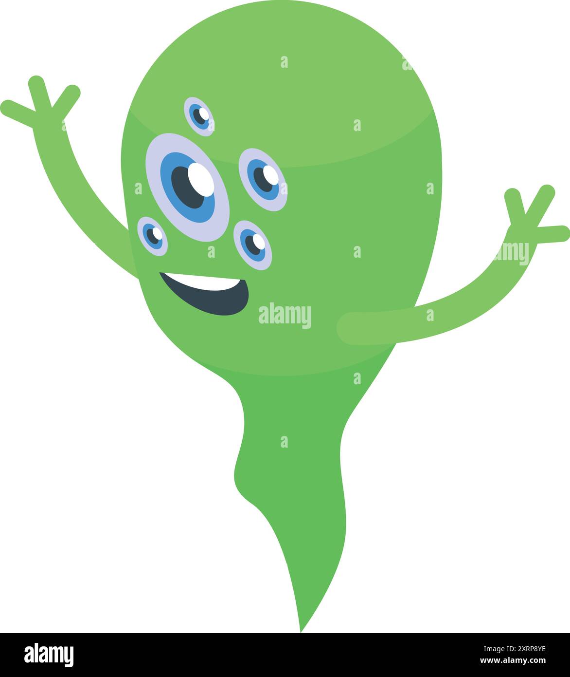 Cartoon monster with multiple eyes is waving its hands with a smile ...