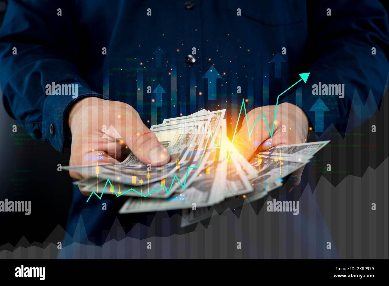 Hand holding a paycheck with dollar signs. Businessman hands counting ...