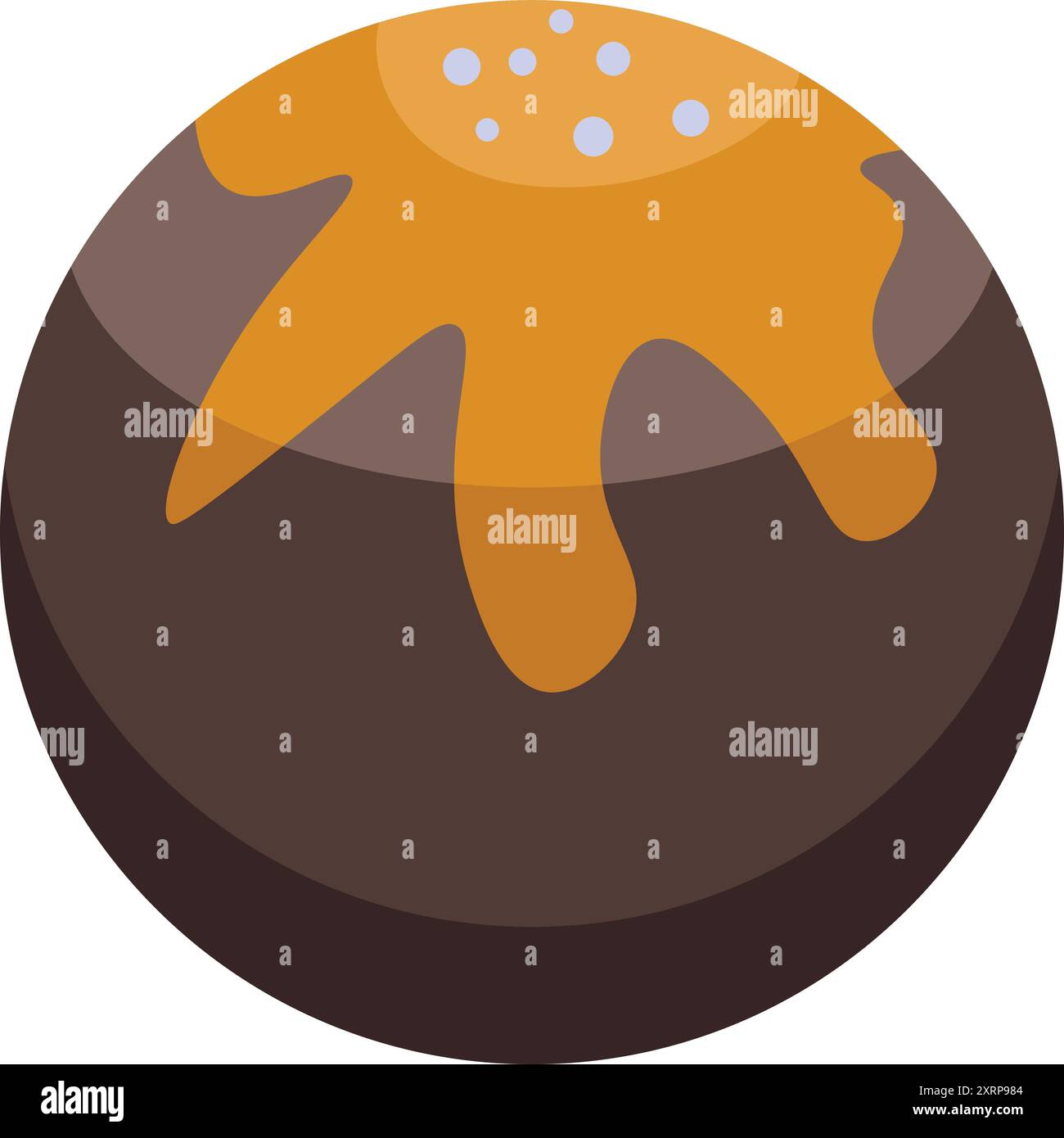 Round chocolate candy is covered with melted chocolate topping and ...