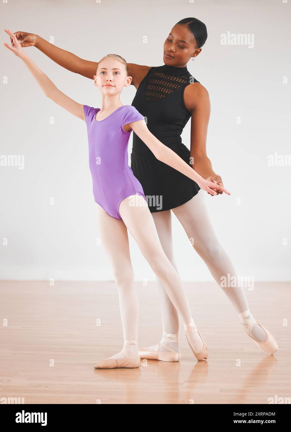 Ballet, student or teacher with dancing in studio for arm technique ...