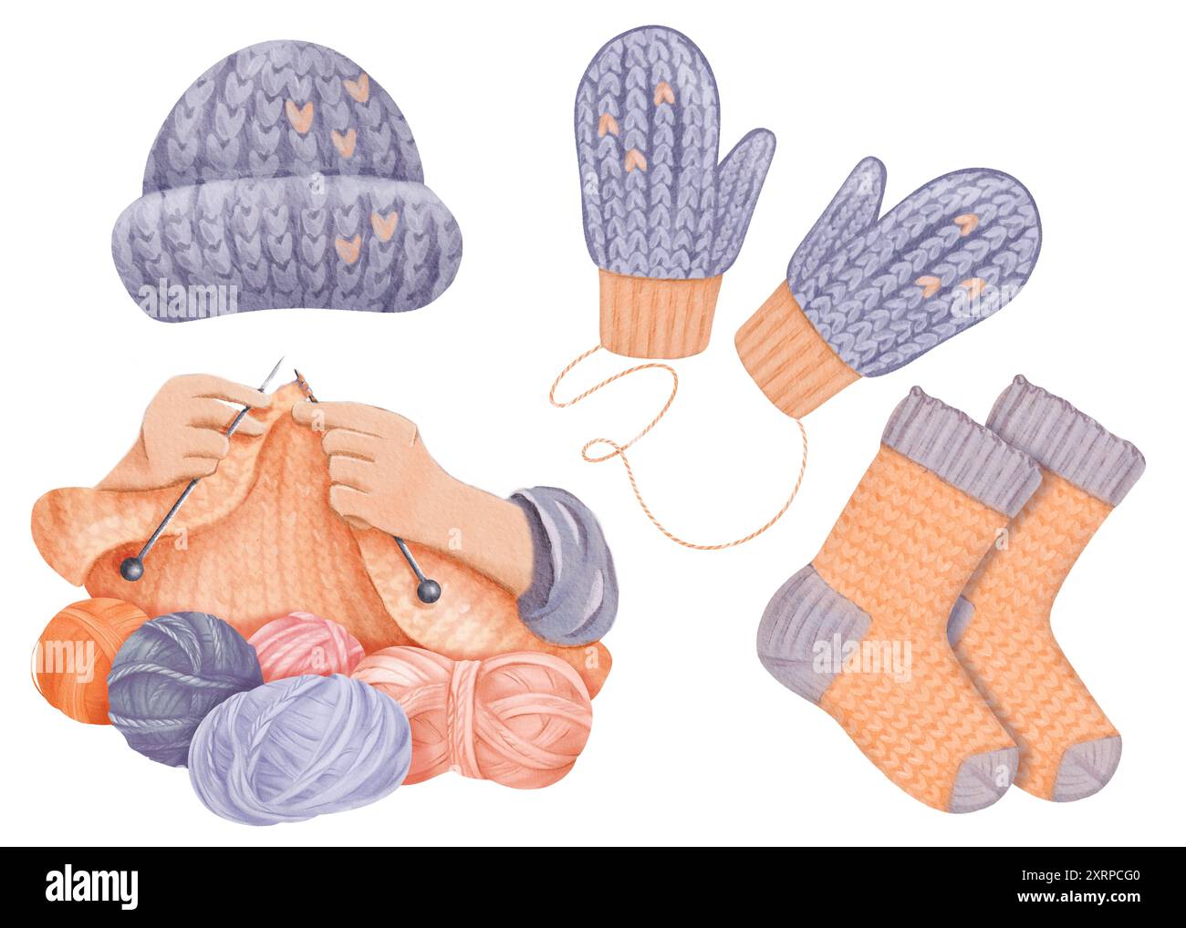 A collection of winter garments crafted with care. skeins of yarn ...