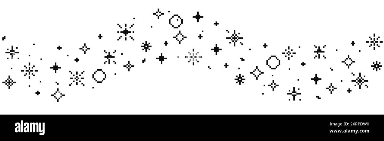 Pixel star retro 8 bit sparkle wavy border seamless frame. Shiny game pixel art effect set ...