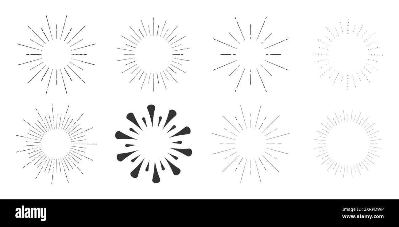 Set Fireworks, rays, sunburst frames circle border decoration, sparkle in doodle style, line ...