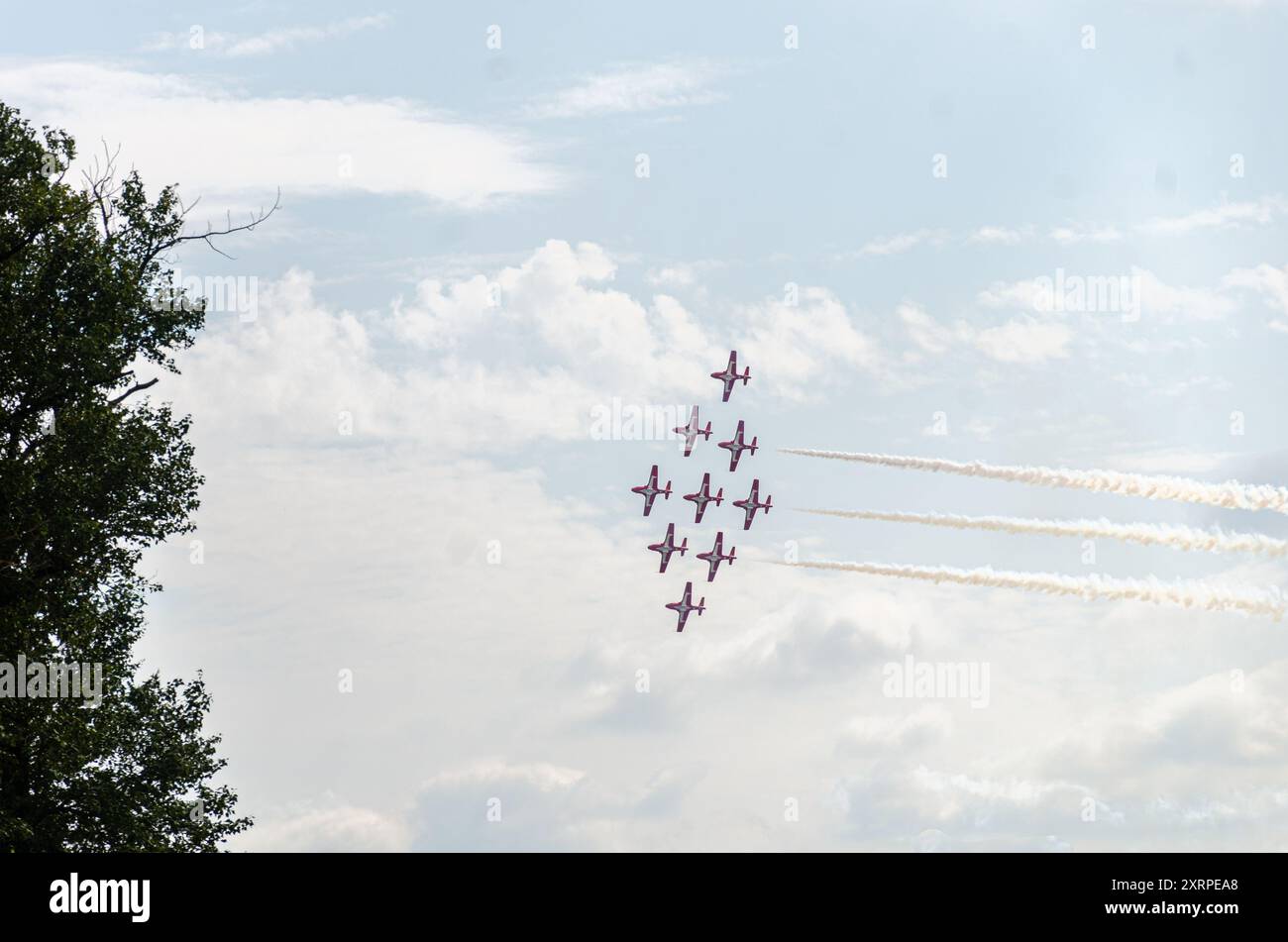 A formation of nine aircraft performing display and aerobatics during ...