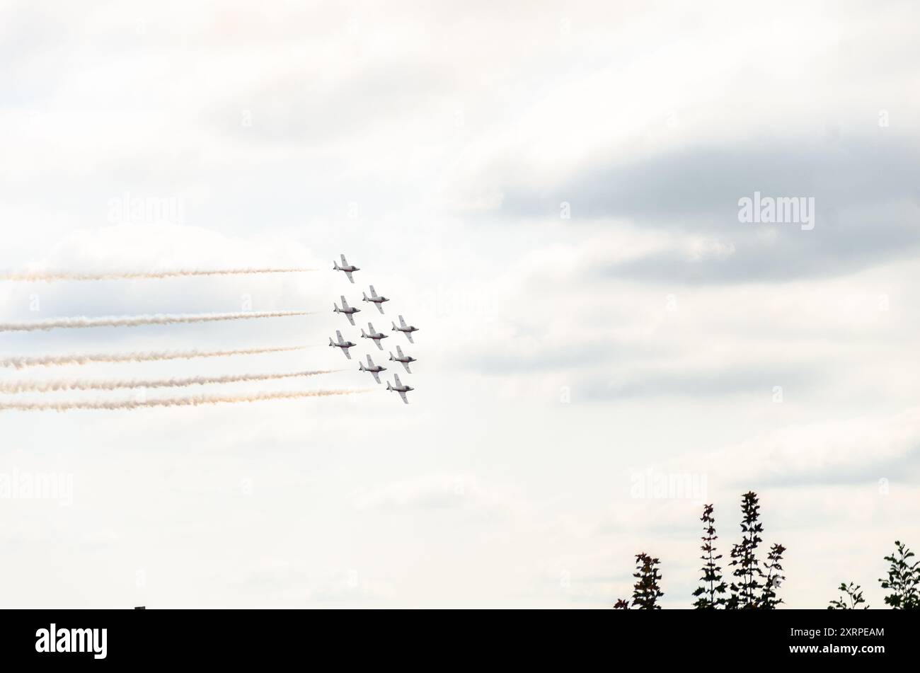 A formation of nine aircrafts performing display and aerobatics during ...