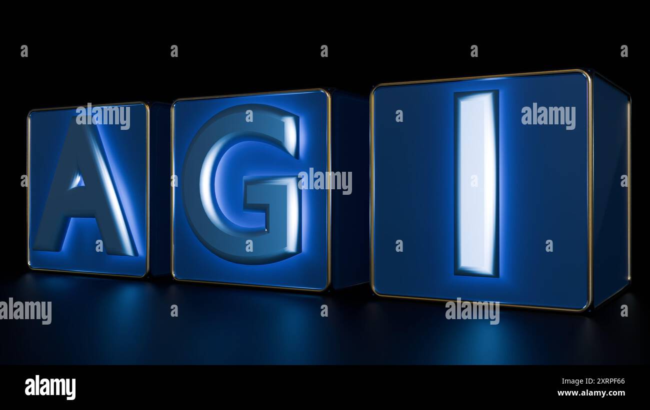 The 3D rendering of the letters AGI on cubes represents Artificial ...