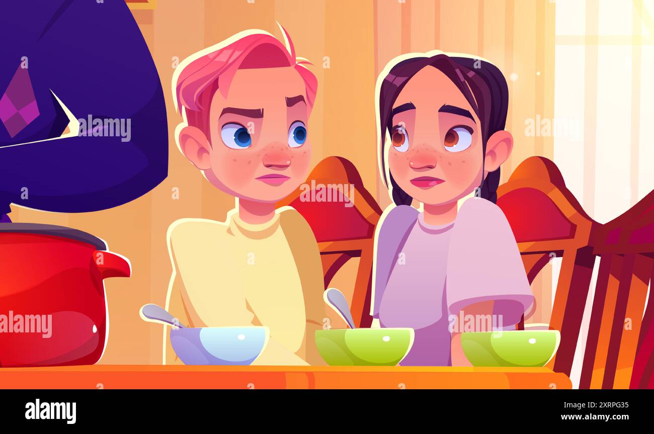 Scared and confused teen boy and girl sitting at wooden table with food ...