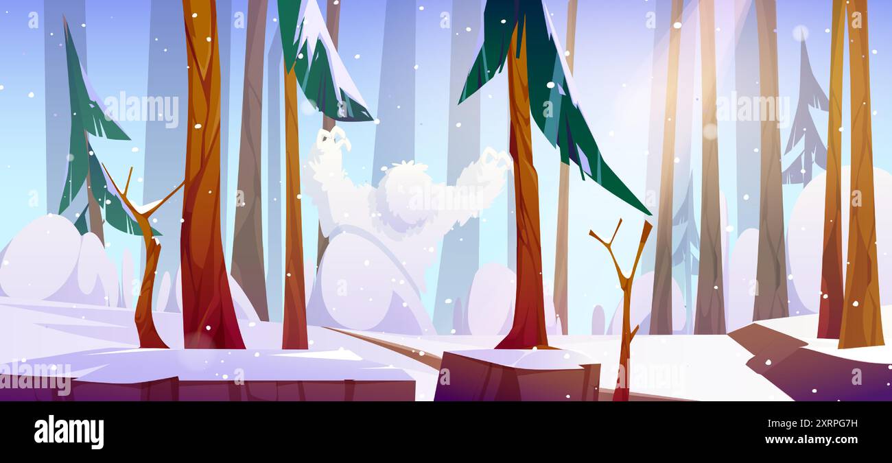 White furry yeti in winter forest with snow on trees and ground on ...