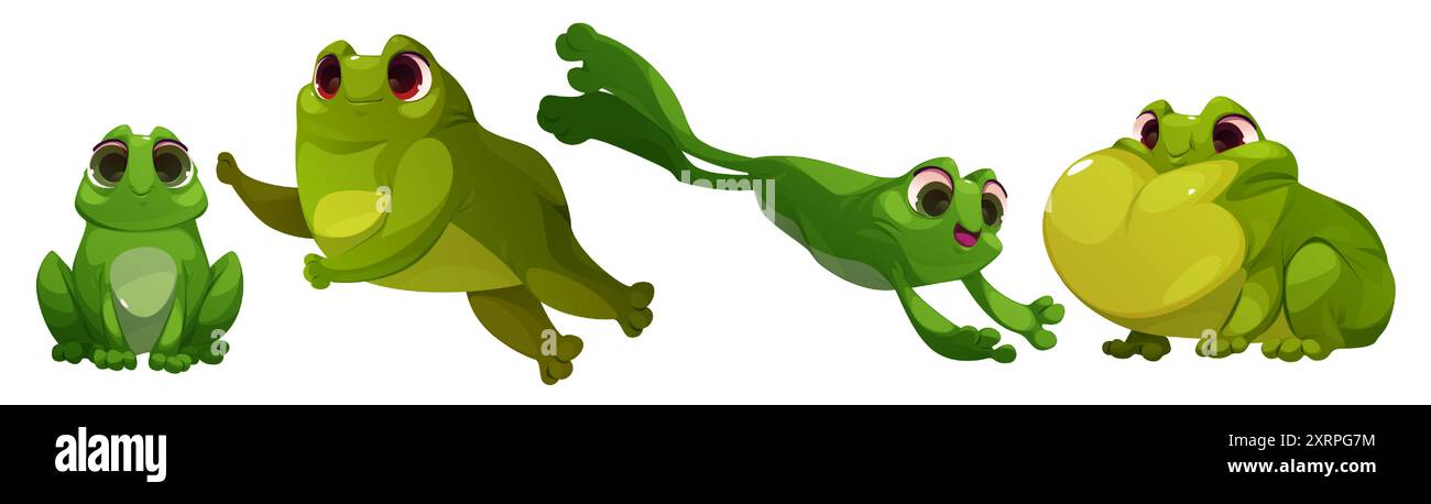 Cute frog cartoon character sitting and jumping. Green toad in ...