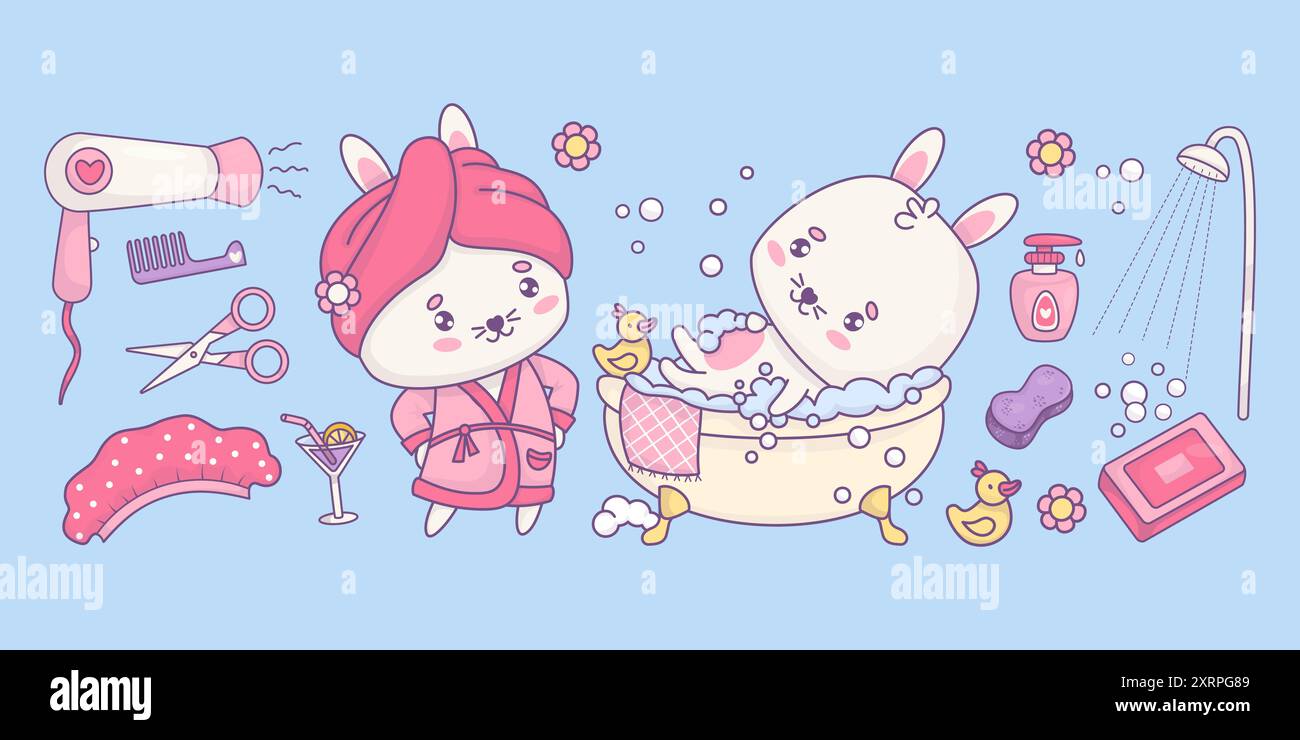 Cute cartoon white rabbit in bathrobe with towel and bunny bathing in ...